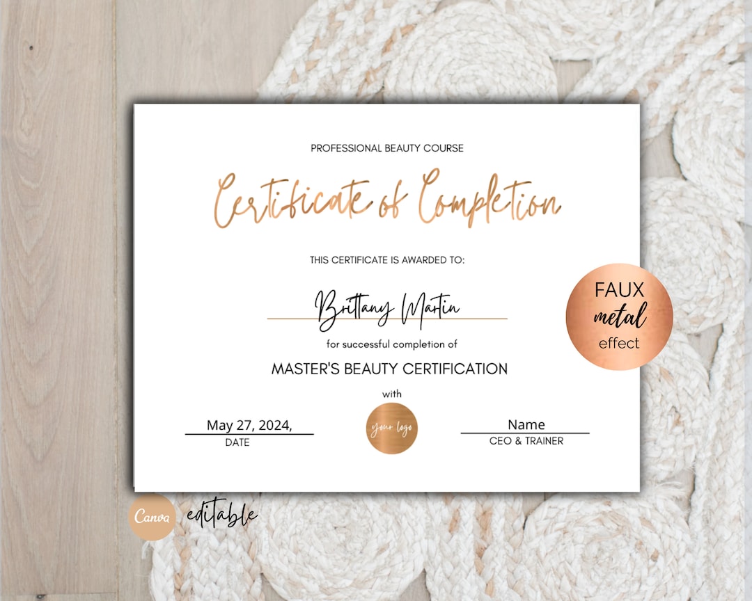 Rose Gold Certificate of Completion Template, Custom Beauty Course ...