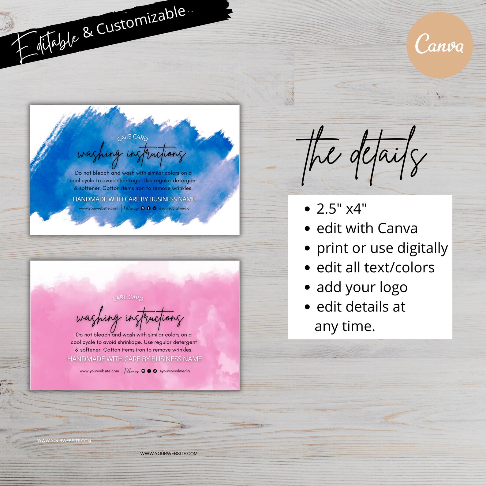 Editable Apparel Care Card Template: Washing Instructions (4x2.5") - Etsy