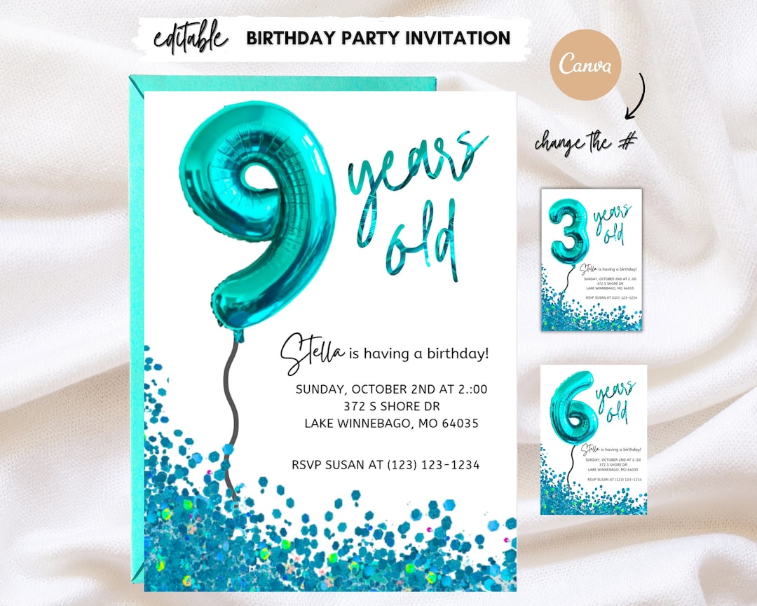 Editable Teal 9th Birthday Invitation Template Glitter Birthday Party ...