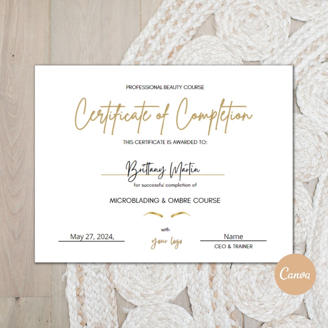 DIY Certificate of Completion Template Printable Brow Course | Etsy