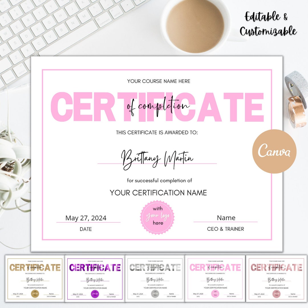 Printable Course Completion Certificate Template: Editable Gold Design ...