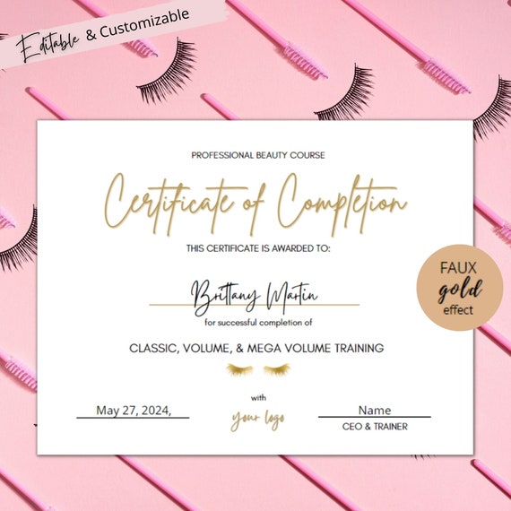 Certificate of Completion Template Printable Lash Course - Etsy