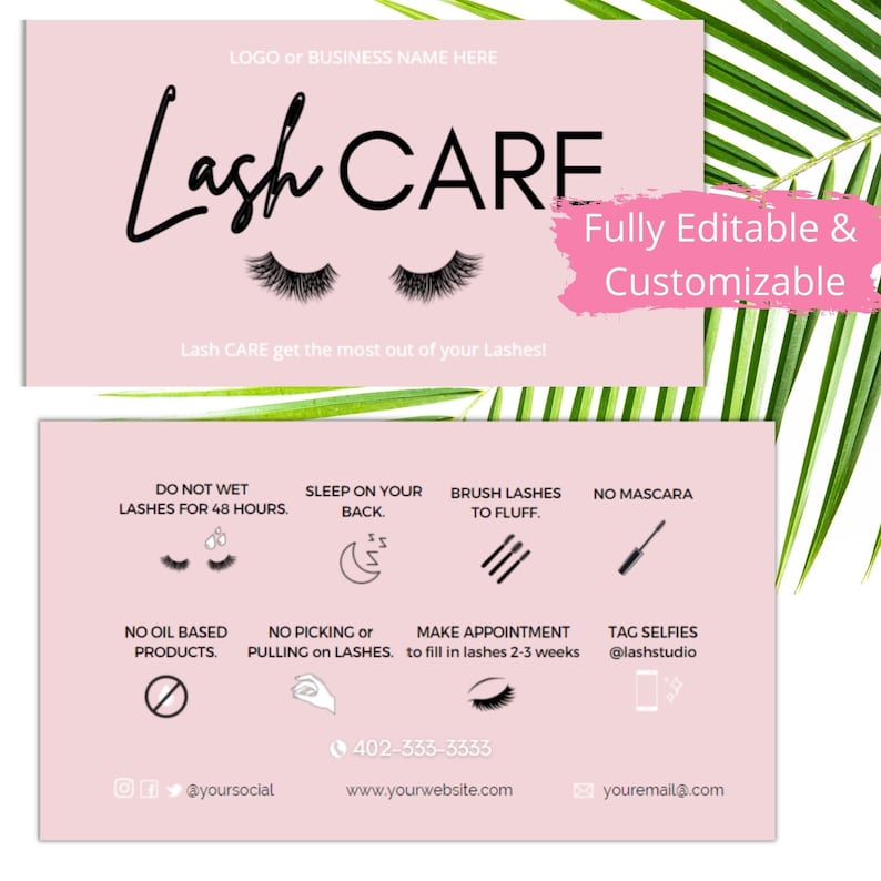 Lash Care Card, Editable Aftercare Card DIY Beauty Lash Extensions Card ...