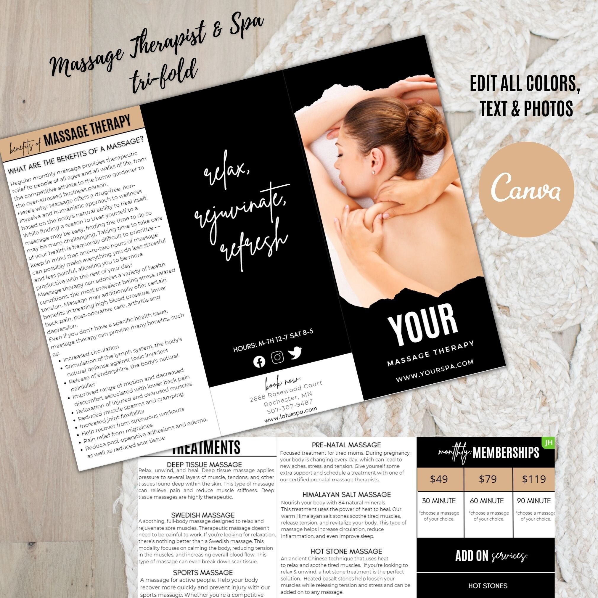 Massage Therapist Brochure Massage Trifold Printable Spa Pamphlet