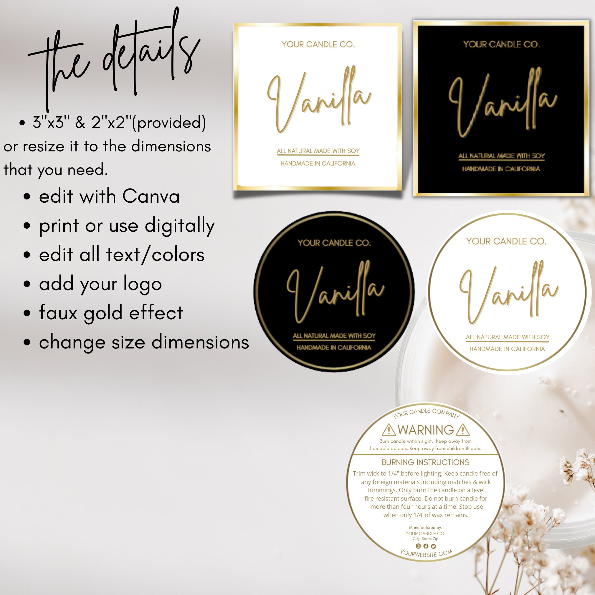 Editable Candle Template DIY Candle Label Faux Gold Foil - Etsy