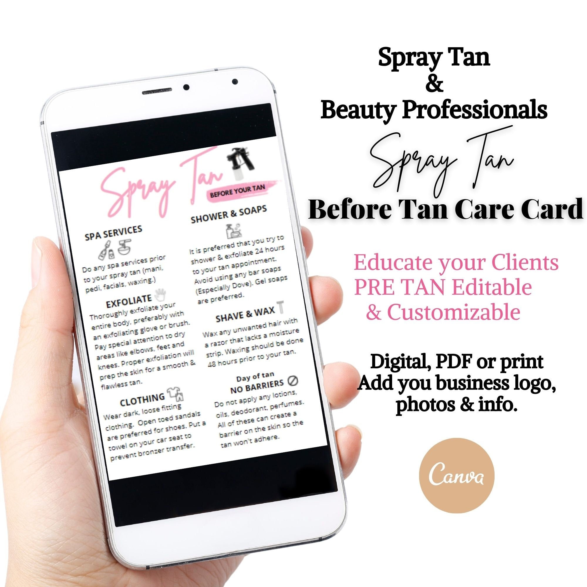 Spray Tan Phone Before Card, Spray Tan Pre Care, Spray Tanning Before ...