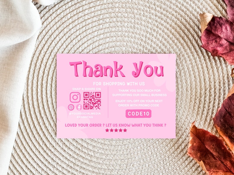 Pink Thank You Card Template, Editable Order Note, Retro Bright Small ...