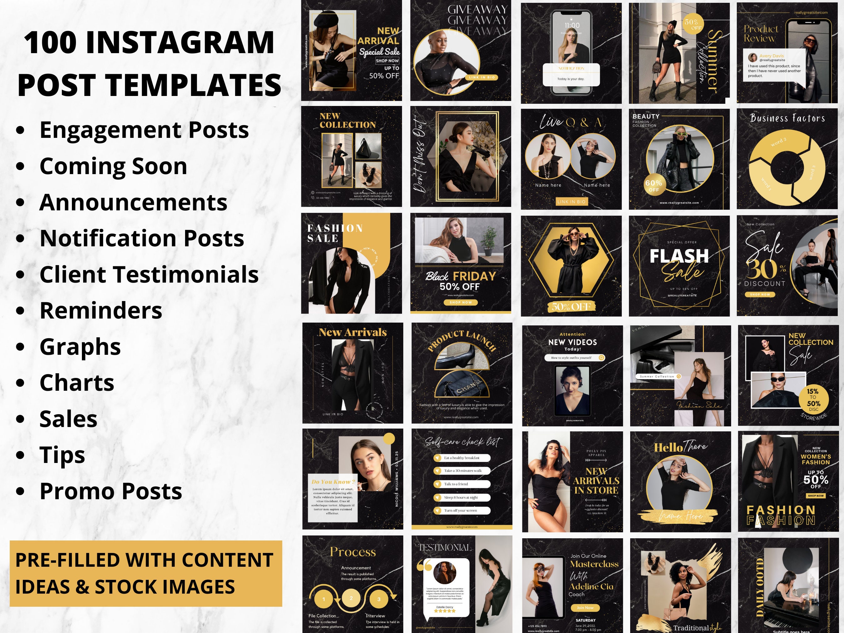 Black & Gold Instagram Template Pack, Luxury Social Media Template Kit ...