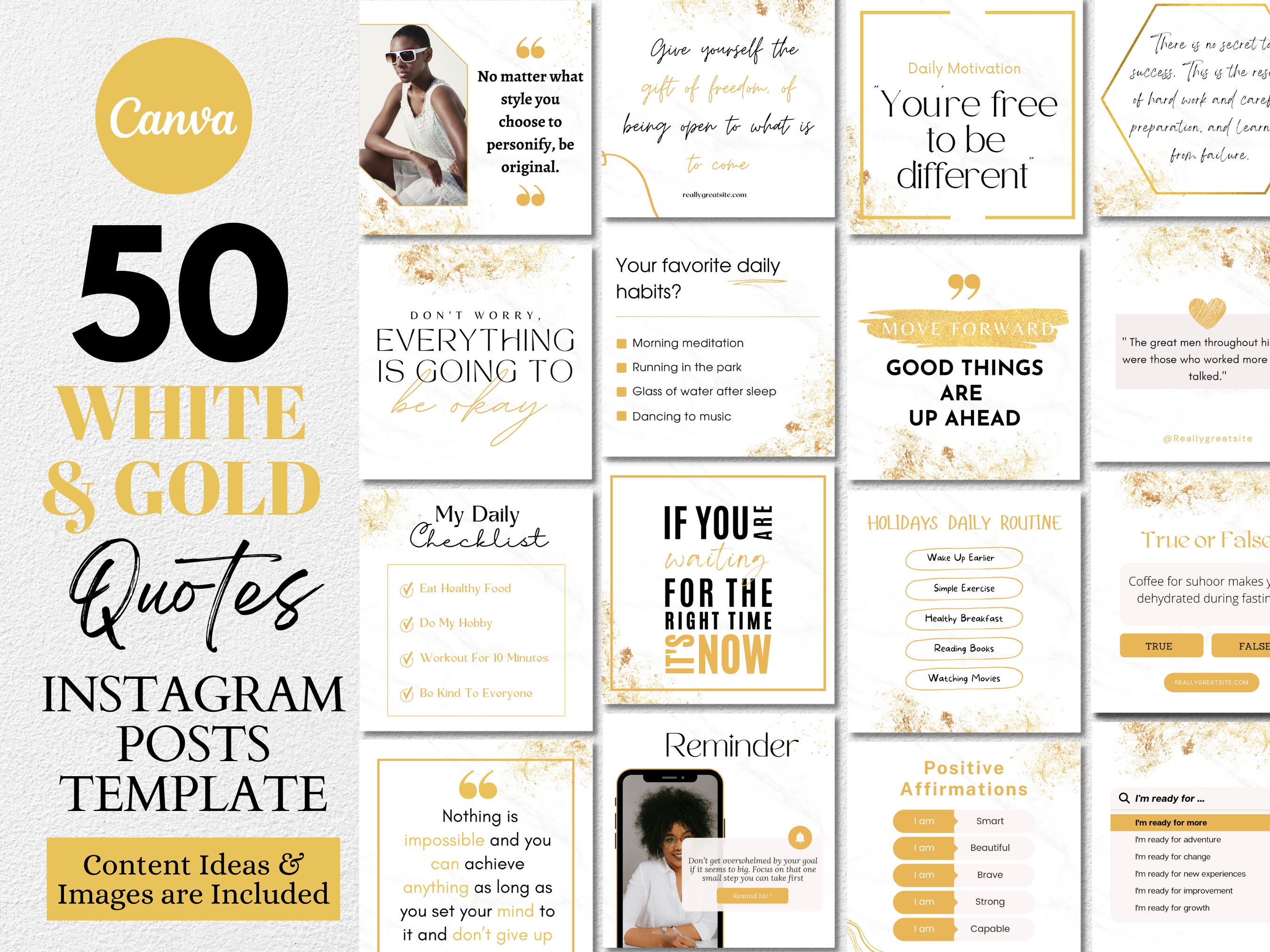 White & Gold Instagram Post Template Canva, Motivational Instagram ...