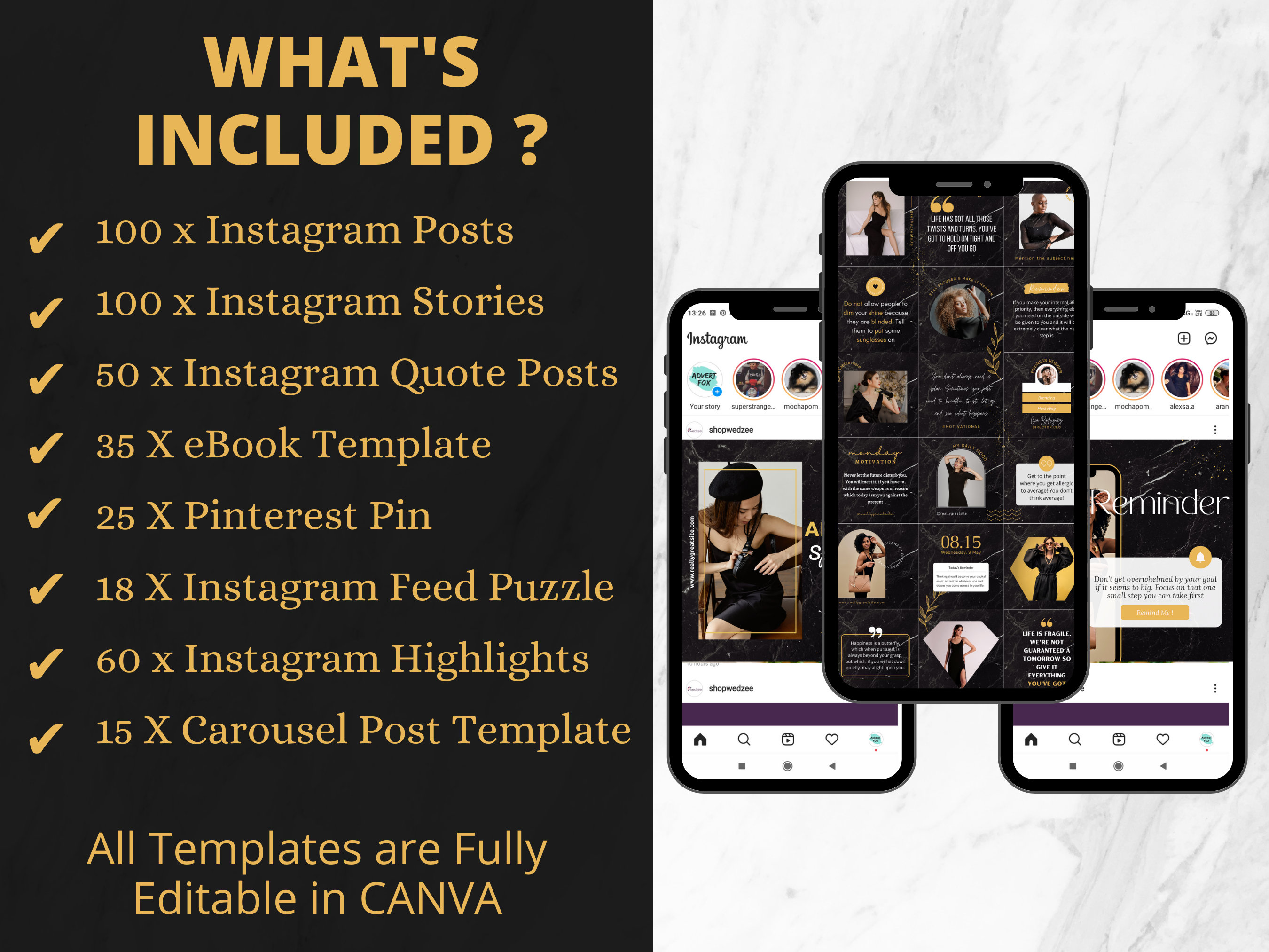Black and Gold Instagram Template Pack, Luxury Social Media Template ...