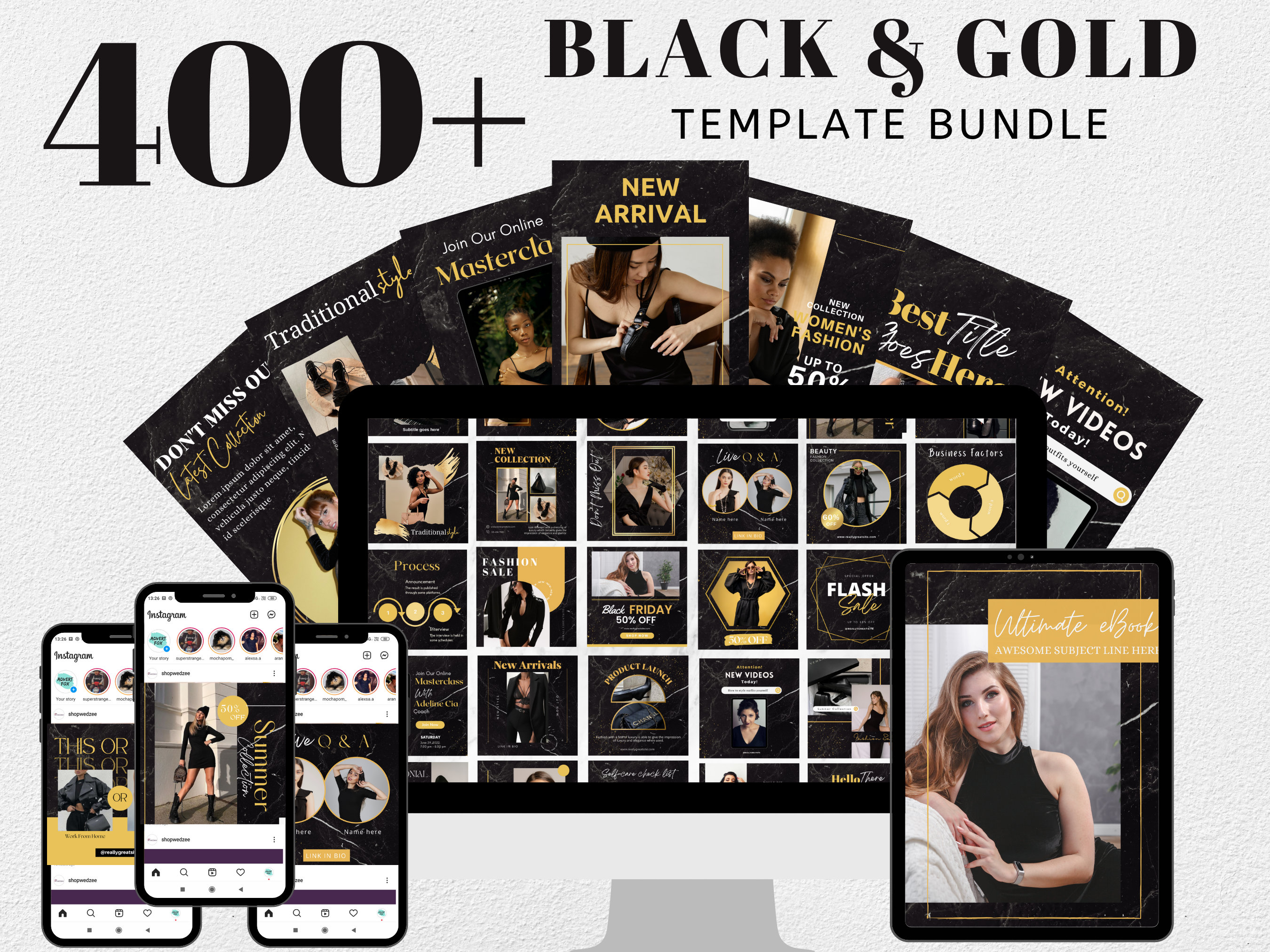Black and Gold Instagram Template Pack, Luxury Social Media Template ...