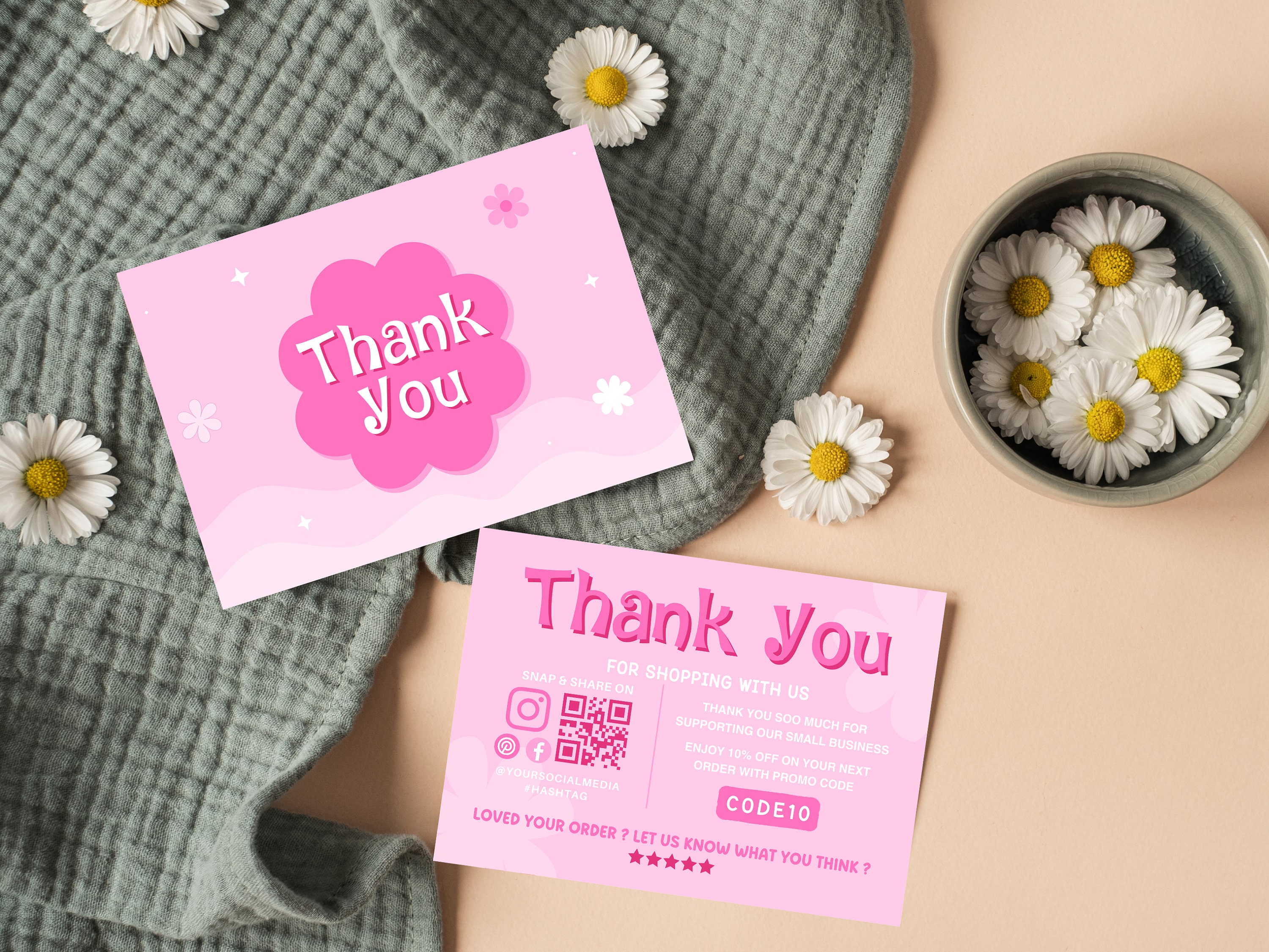 Pink Thank You Card Template, Editable Order Note, Retro Bright Small ...