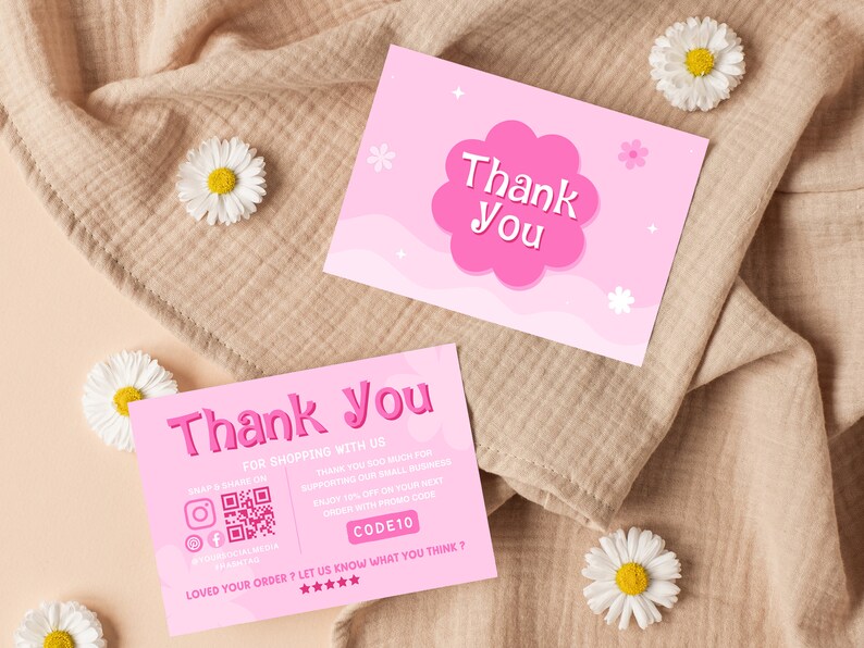 Pink Thank You Card Template, Editable Order Note, Retro Bright Small ...