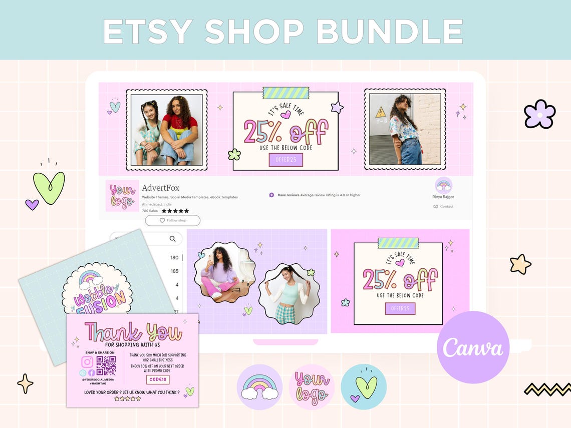 Pastel Etsy Store Banner Template Canva, Editable Etsy Branding Kit ...