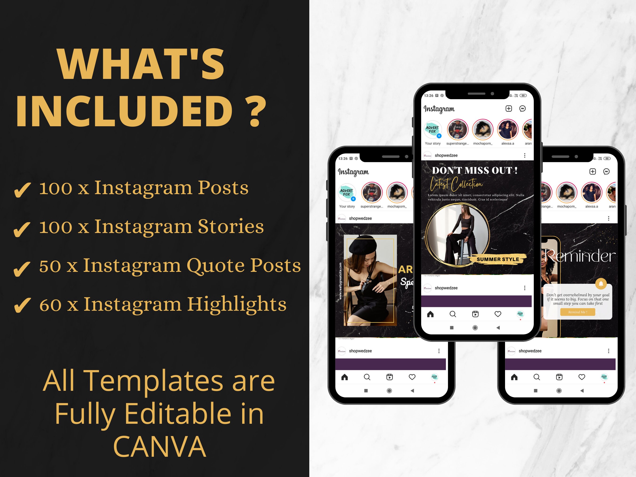 Black & Gold Instagram Template Pack, Luxury Social Media Template Kit ...