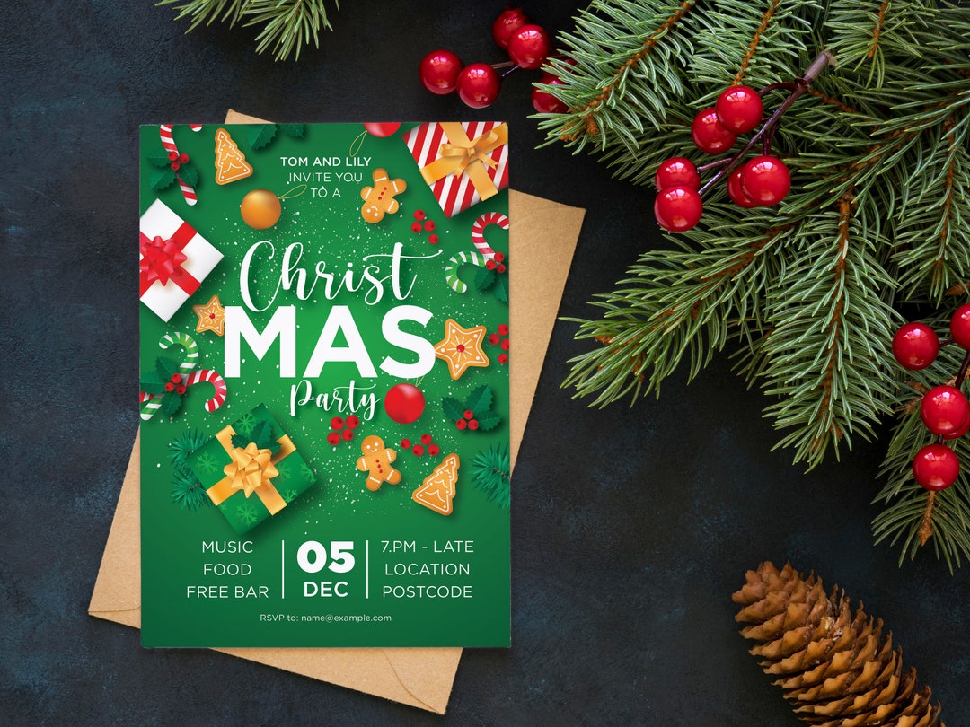 Personalised Christmas Invitations Custom A5 Festive Invites Green ...