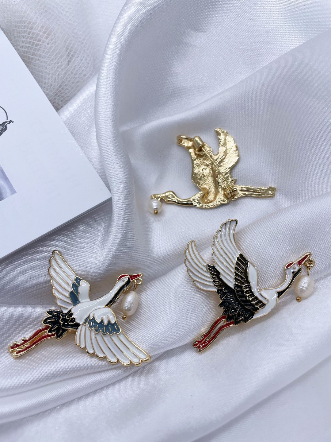 Crane Enamel Brooch - Etsy