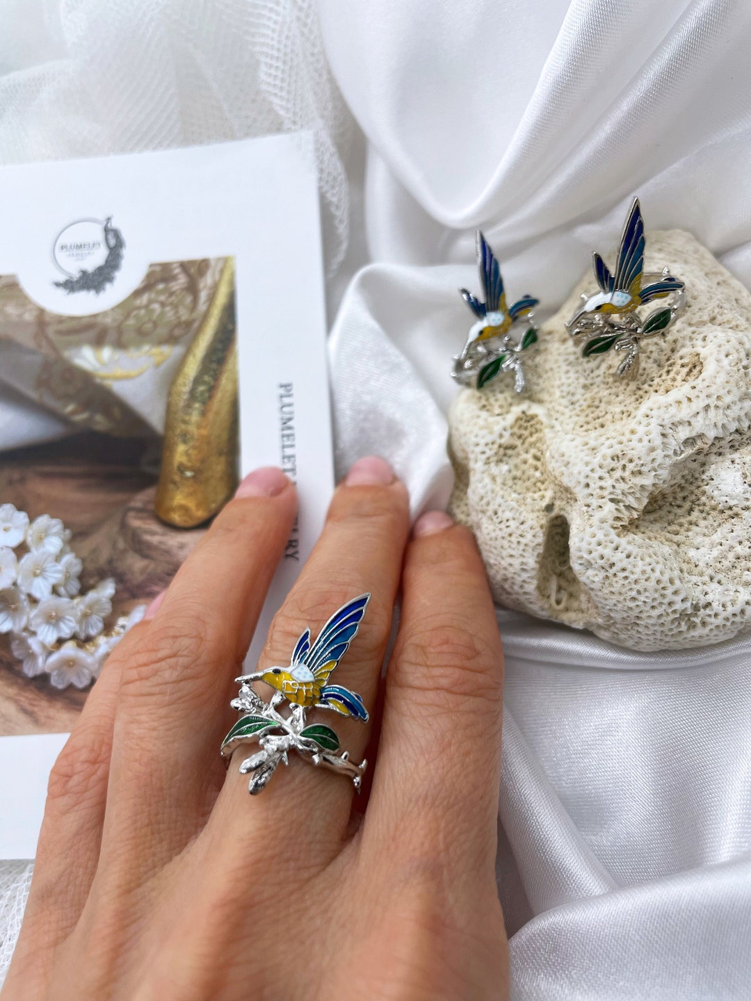 925 Sterling Silver Hummingbirds Handmade Enamel Ring With Cubic Zirconia - Etsy