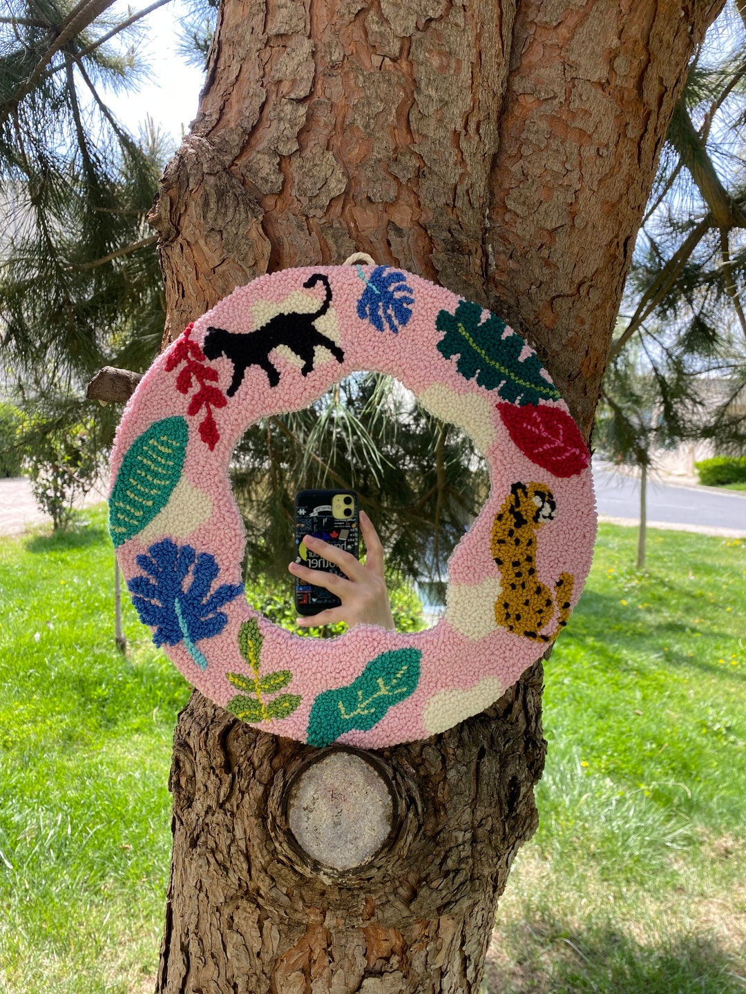 Animal Punch Needle Mirror, Tufted Pink Wall Mirror, Home Decoration ...