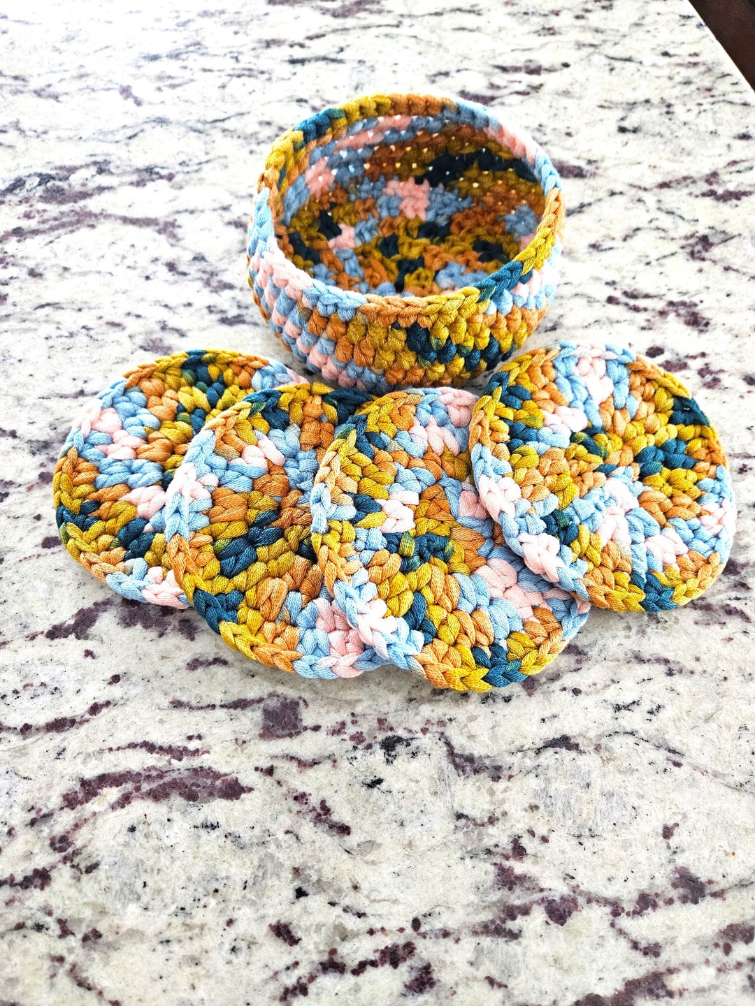 COLORFUL BOHO COASTERS in a Bowl Set of Four Crochet Coasters, Cork ...