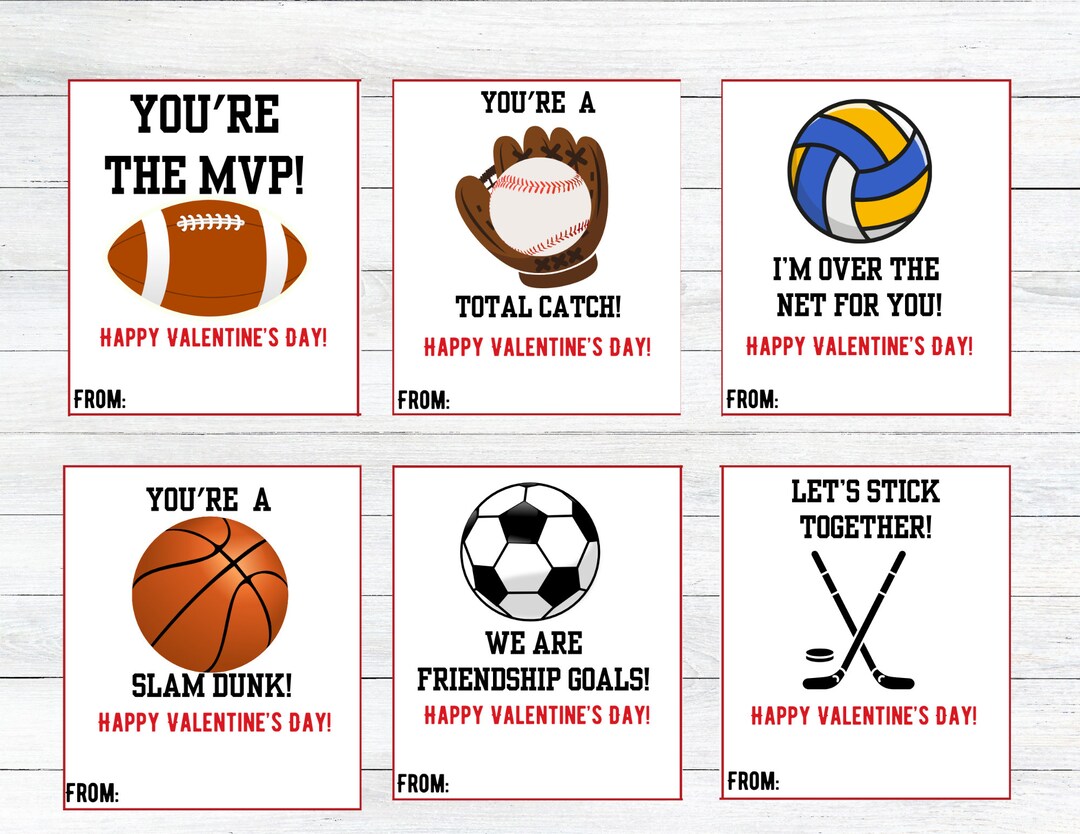 Sports Valentines Day Cards Printable Bundle for Kids Football Baseball ...