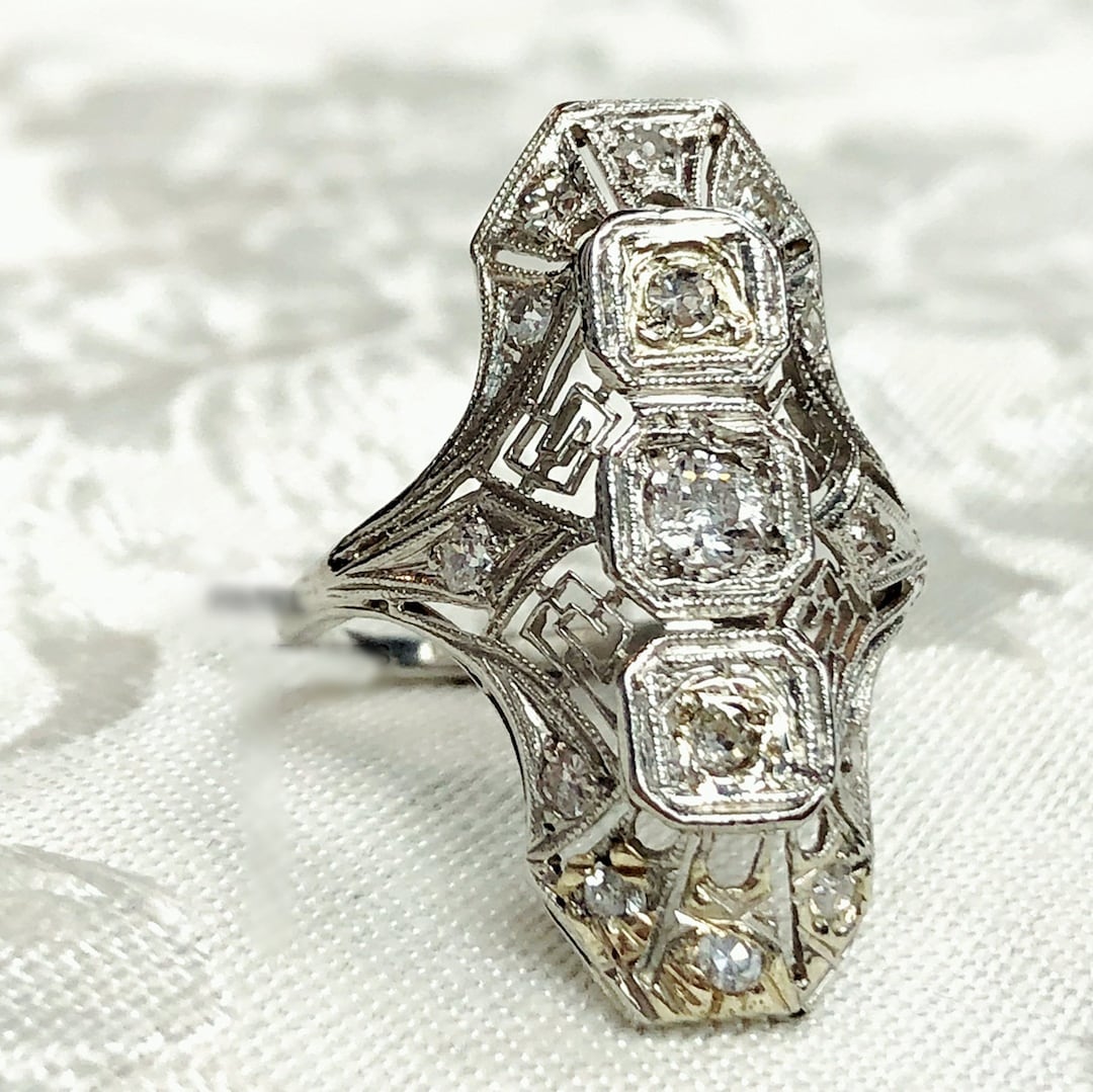Antique Art Deco Three Stone Ring, Round Cut Moissanite Diamond ...