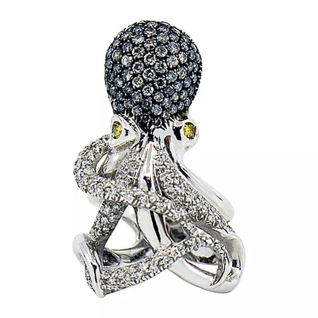 Unique Designer Octopus Ring, Black & White Round Cut CZ Stone Wedidng ...