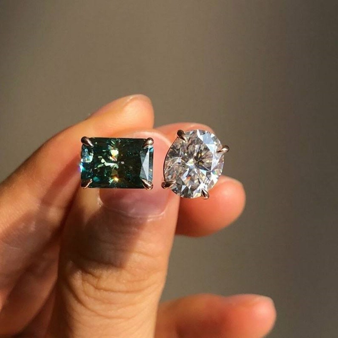 Two Stone Gap Ring, Green Radiant & Oval Cut CZ Stone Engagement Ring ...