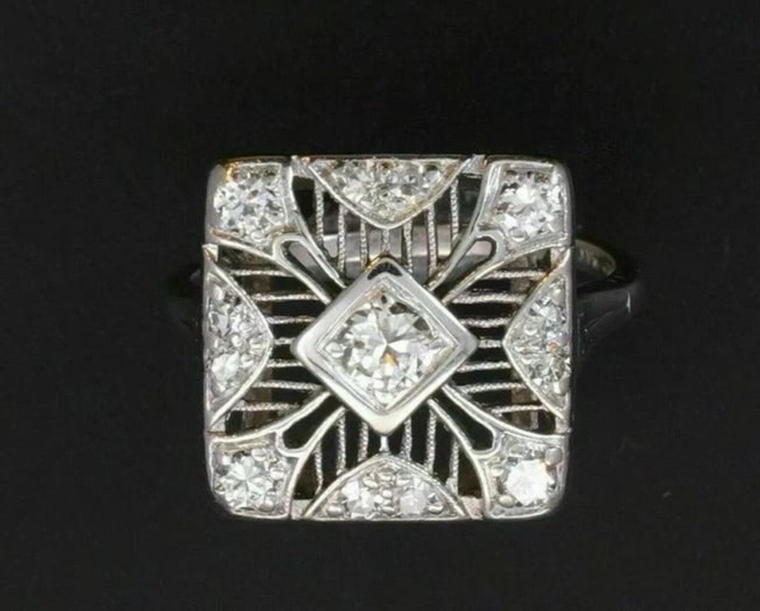 Circa 1930's Art Deco Square Shape Ring, Old European Cut Moissanite ...