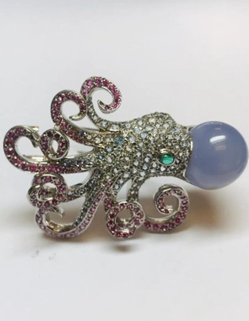 Multi Color Stone Octopus Brooch, Sea Animal Brooch, 925 Silver Pave ...