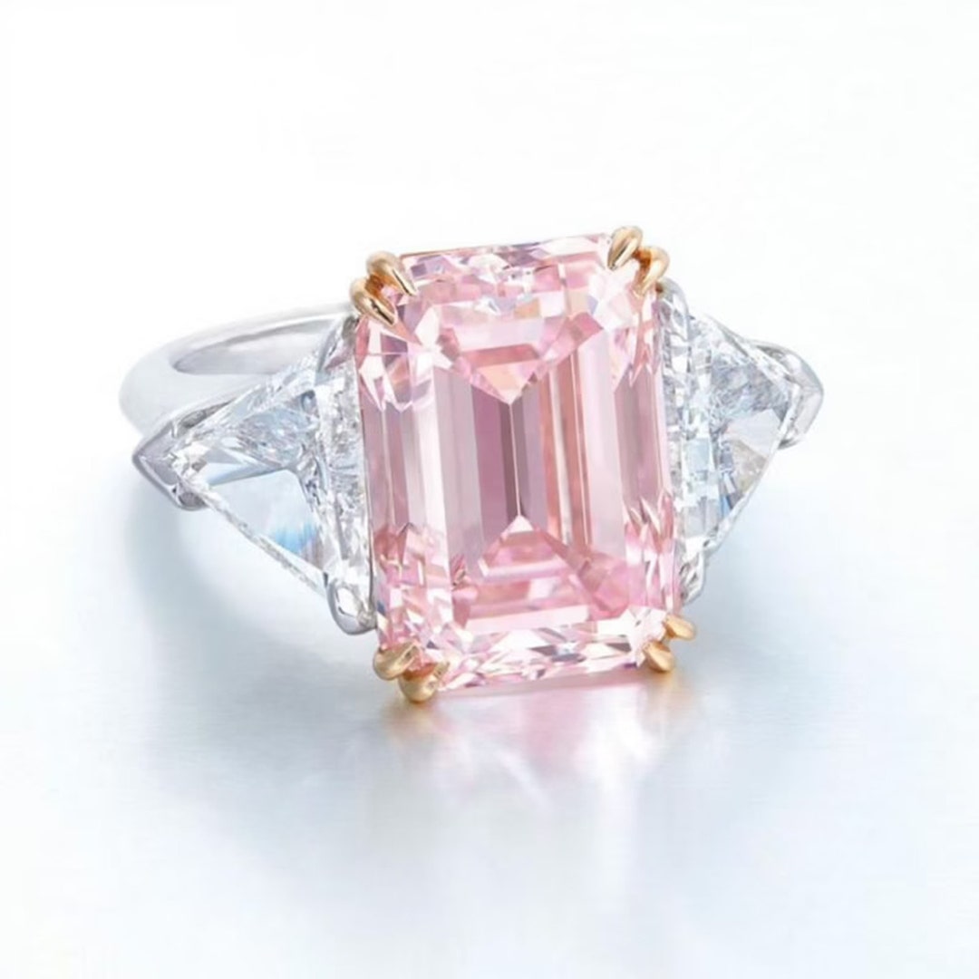 White Gold Three Stone Ring, Pink Emerald With Triangle Cut Diamond ...