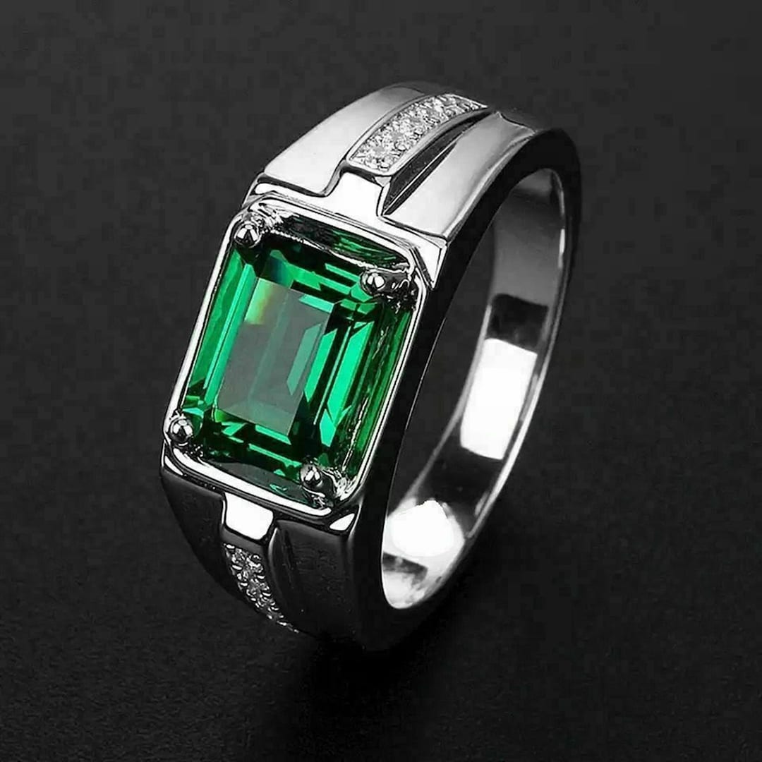 Man's Gemstone Ring Green Emerald CZ Stone Ring Office - Etsy