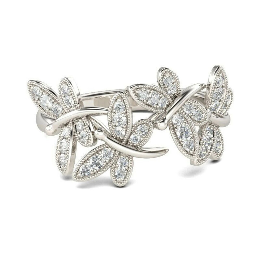 White Gold Dragonfly Ring, Insect Inspire Ring, Round Moissanite ...