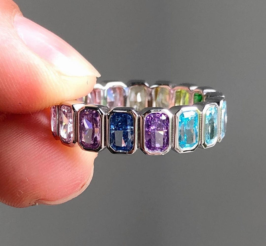 Multi Color Radiant Cut CZ Stone Wedding Band, Multi Gemstone Full ...