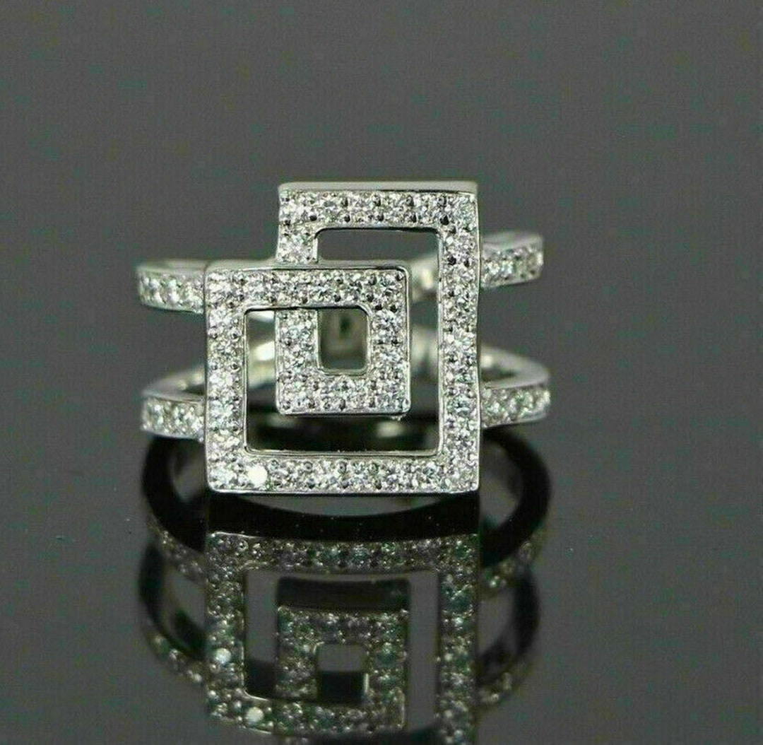 Square Shape Double Band Ring, Round Cut Moissanite Diamond Geometric ...