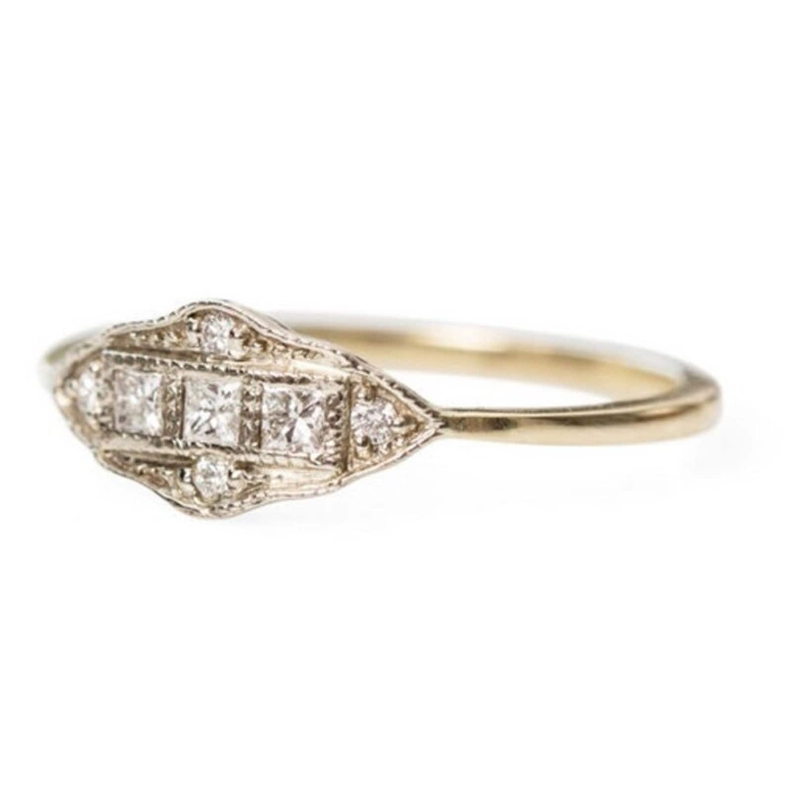 Art Deco Vintage Style Ring, Dainty Princess & Round Moissanite Diamond ...