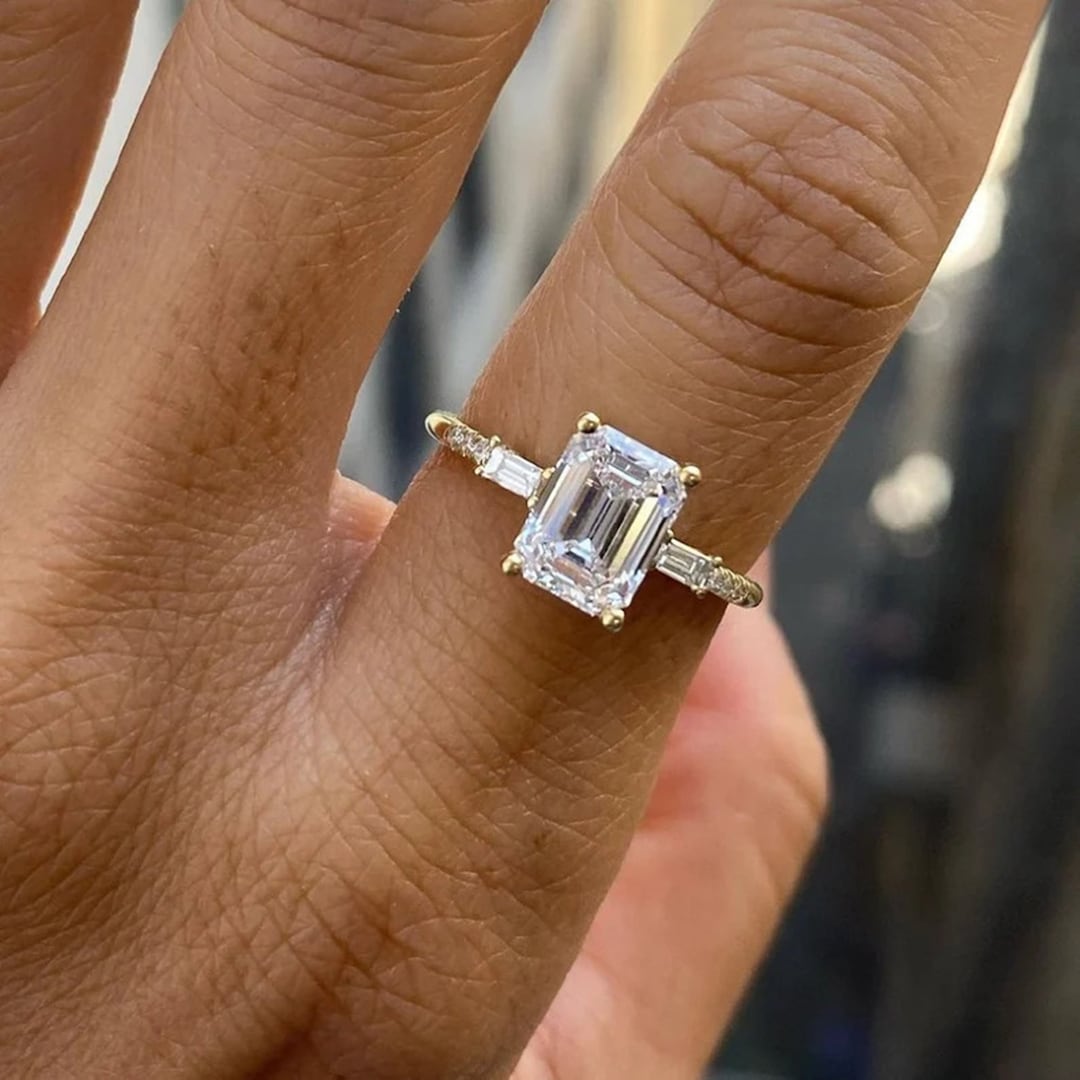 Emerald & Baguette Cut CZ Diamond Ring Best Proposal Ring for - Etsy