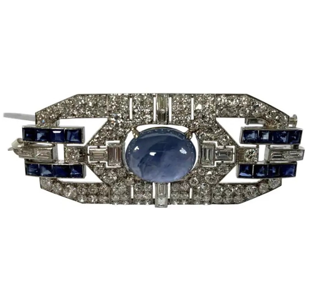 Blue Cabochon Art Deco Brooch, Sapphire & Diamond Retro Brooch, Antique ...