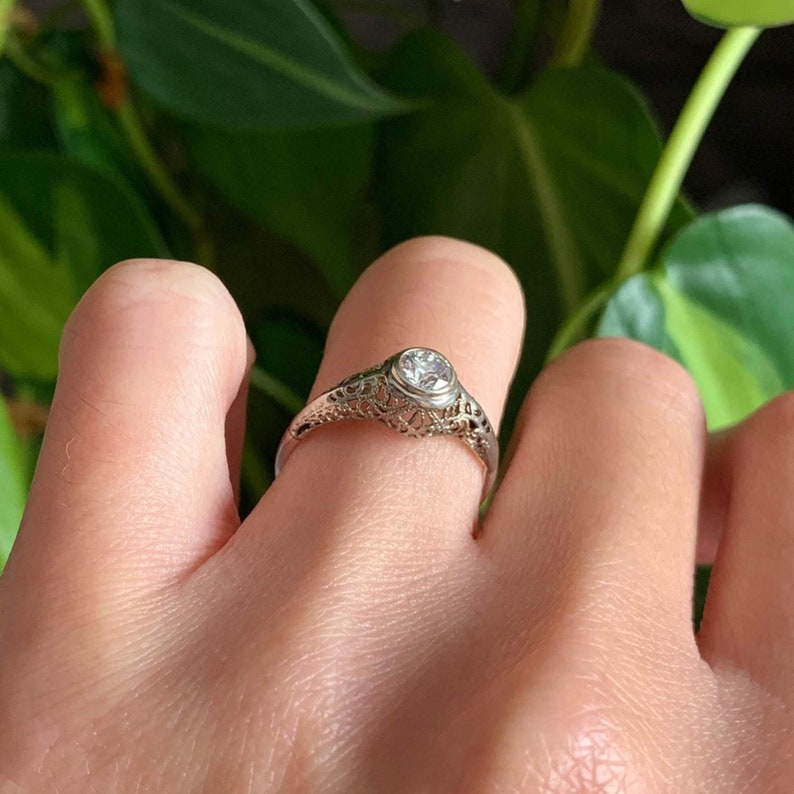 Filigree Solitaire Ring, Antique Round Moissanite Diamond Ring, Vintage ...