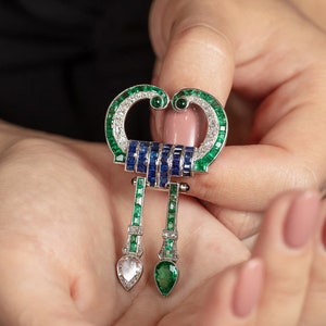 Multi Color Stone Brooch, Pave Diamond Brooch, Art Deco Multi Stone ...