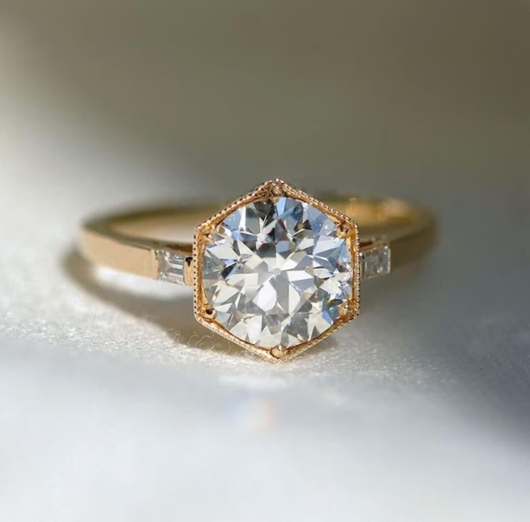 Milgrain Set Hexagon Shape Ring, Round & Baguette Cut CZ Stone Ring ...