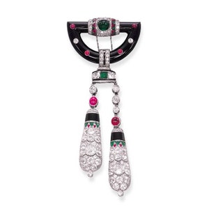 Multi Color Stone Brooch, Pave Diamond With Black Onyx Brooch, Art Deco ...