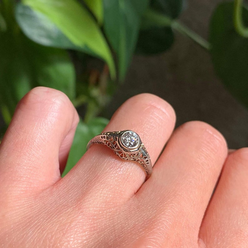Filigree Solitaire Ring, Antique Round Moissanite Diamond Ring, Vintage ...
