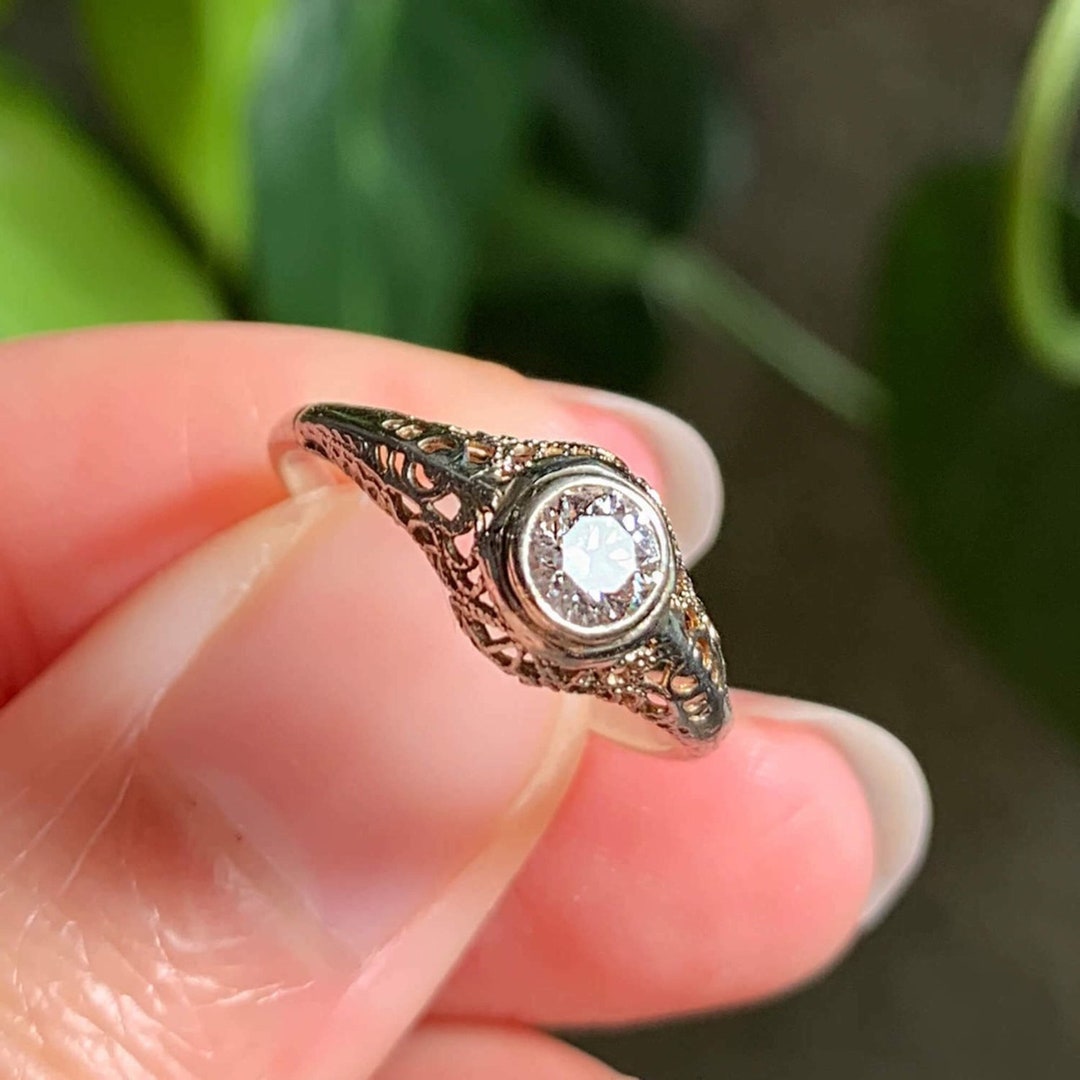 Filigree Solitaire Ring, Antique Round Moissanite Diamond Ring, Vintage ...
