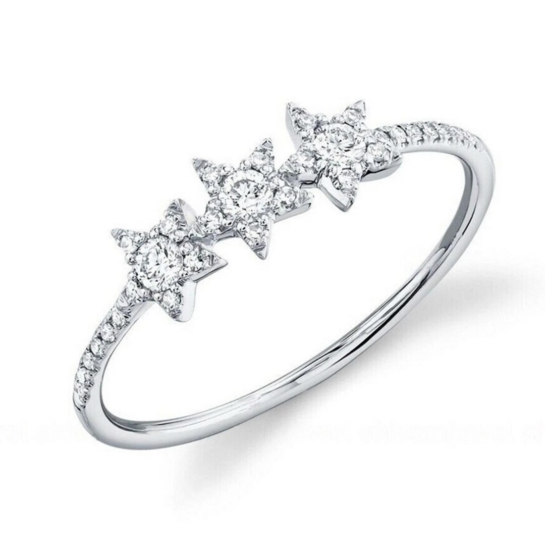 Star Shape Ring, Round Cut Moissanite Diamond Delicate Ring, 14K White ...