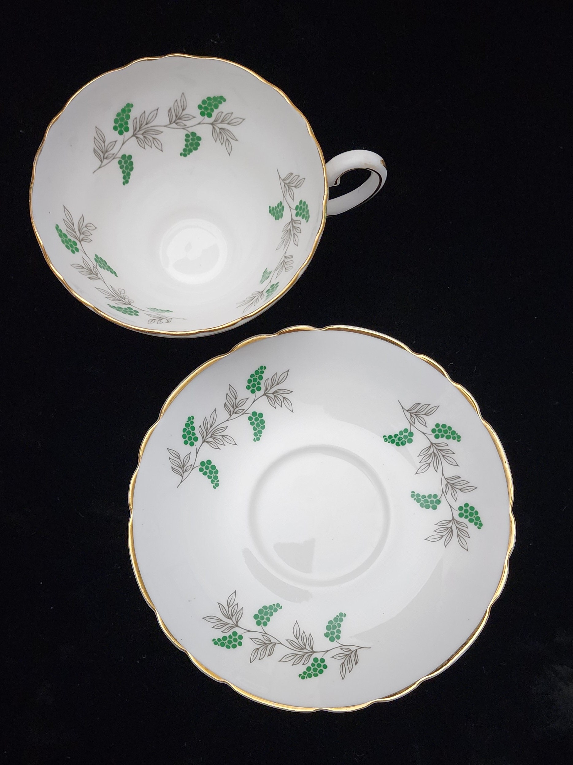 Vintage Crown Staffordshire Eden Tea Cup and Saucer: Green Grapes, Gold ...