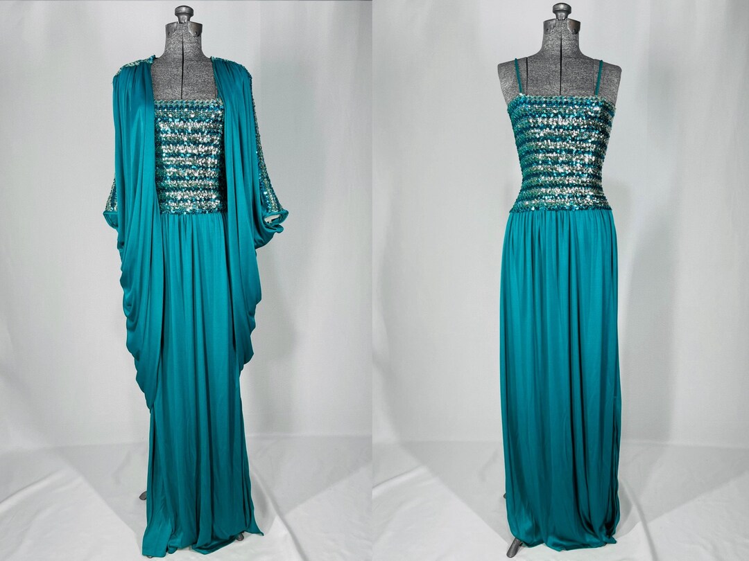 80s Teal Sequin Gown - Etsy