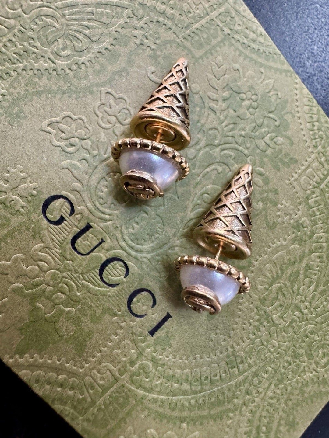 Gucci Double GG Ice Cream Cone Pearl Boule Aged Gold Finish Stud ...