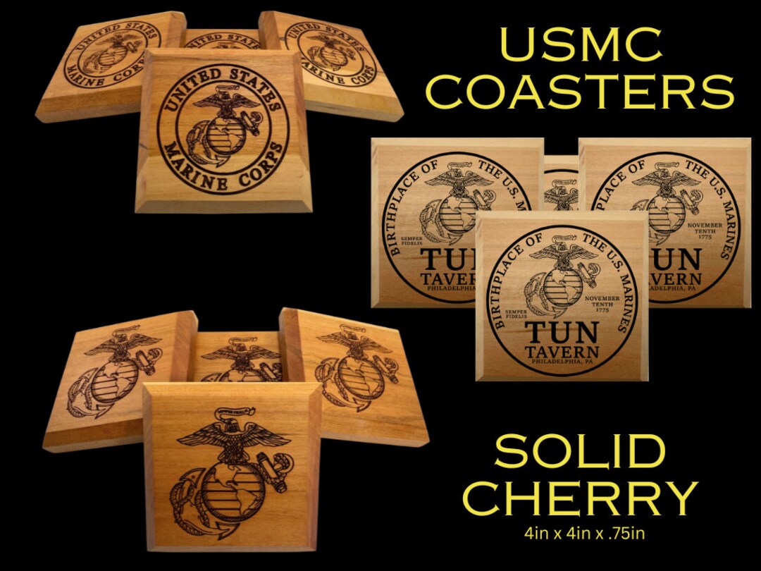 United States Marine Corps Laser Engraved Cherry Coasters USMC Logo ...