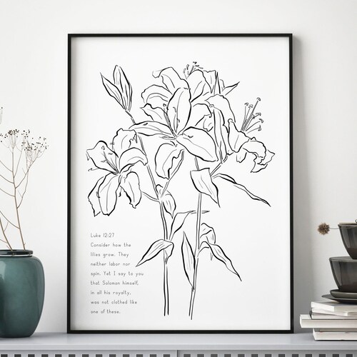 Lily Wreath Wall Art Luke 12 27 Bible Verse Print Christian - Etsy